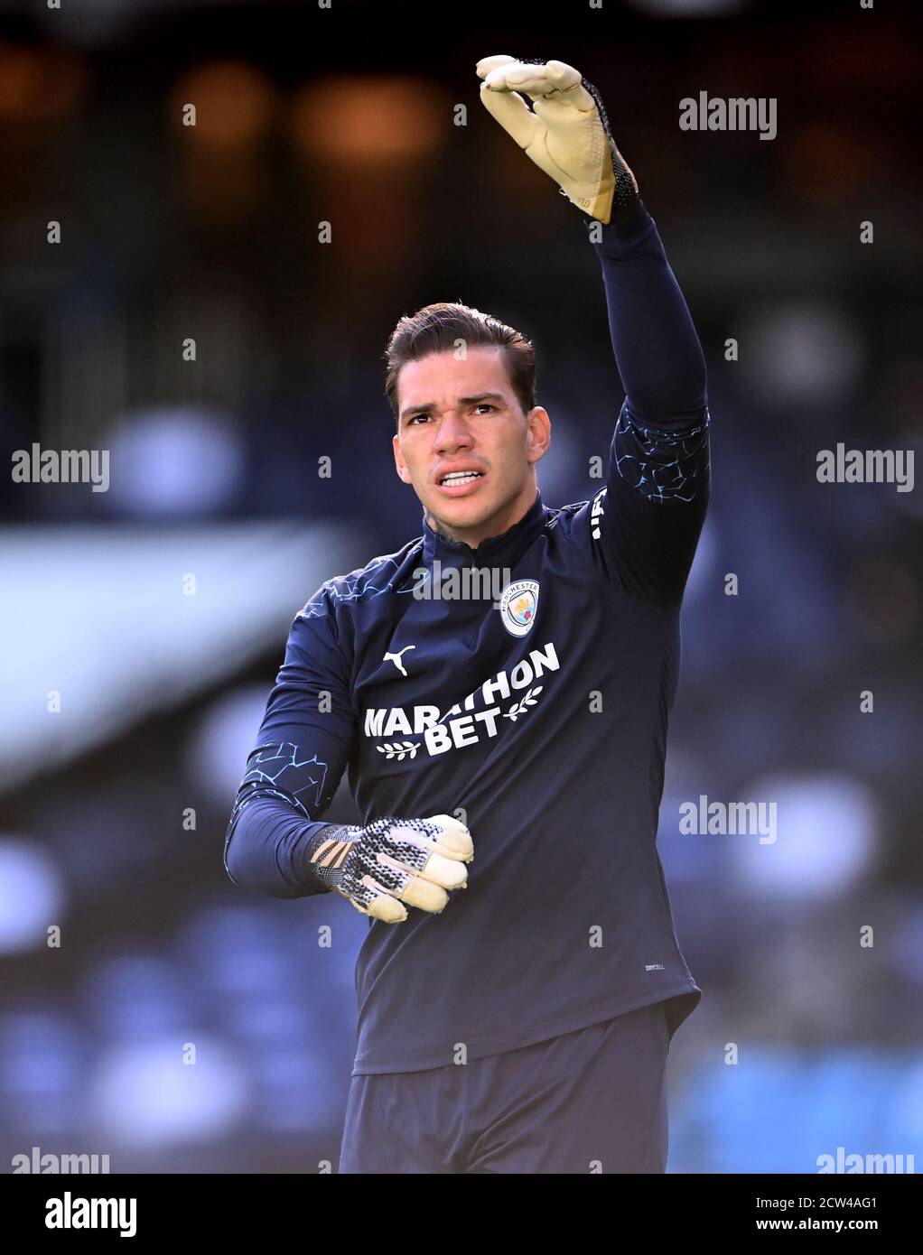Manchester City goalkeeper Ederson warming up before the Premier League ...