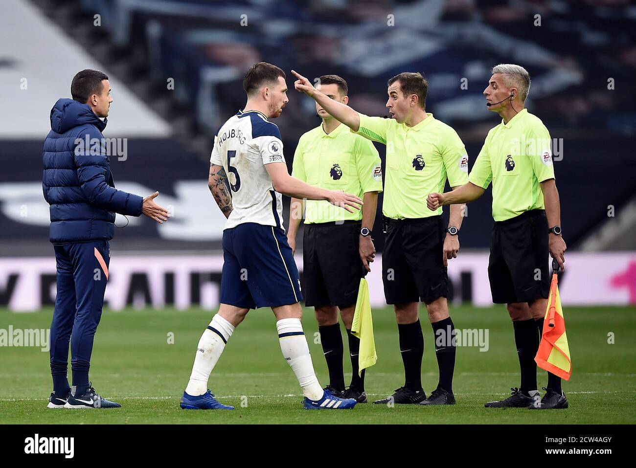 Tottenham Hotspur's Pierre-Emile Hojbjerg approaches referee Peter ...