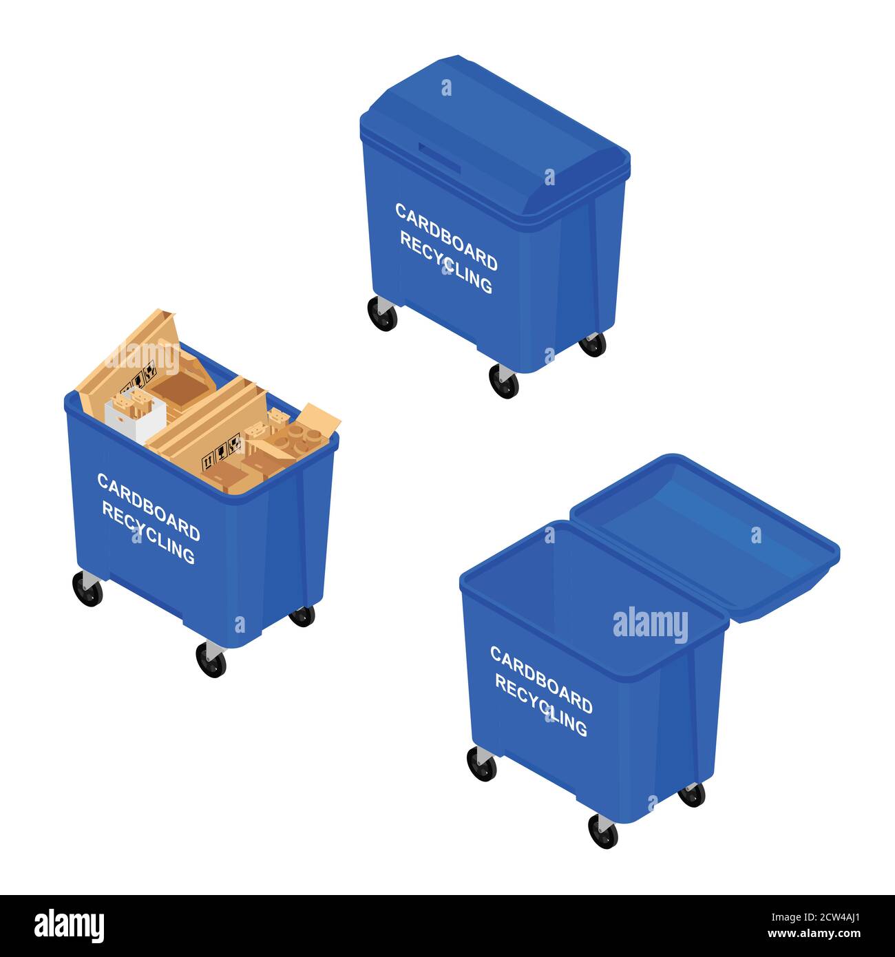 Blue can with sorted paper garbage vector icon. Recycling garbage separation and recycled ...