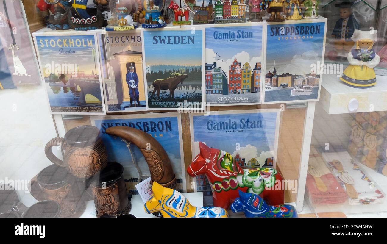 Stockholm’s souvenir shops with t-shirt, tomte, moose, viking helmet ...