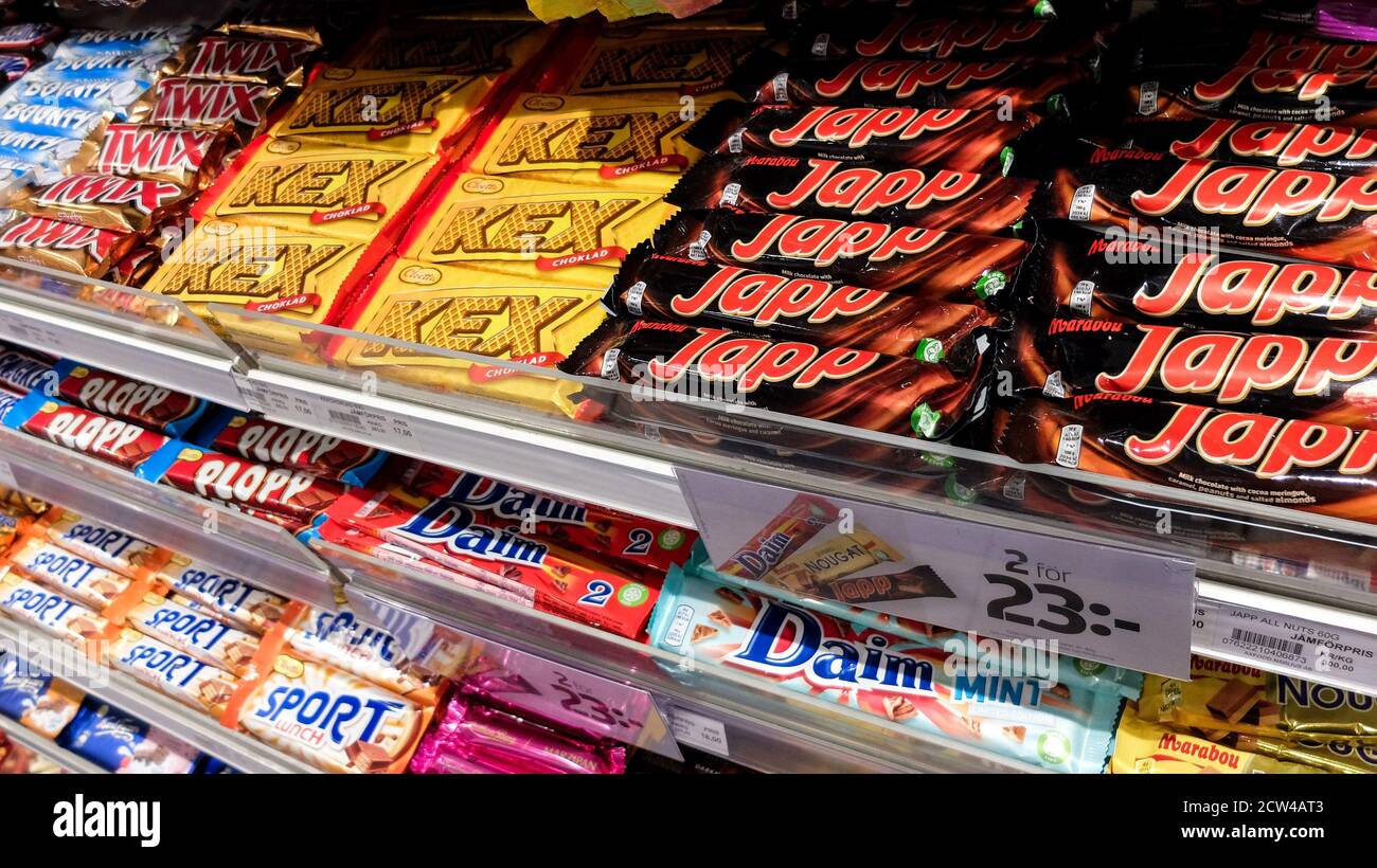 Swedish chocolates at a store : Japp, Sport, Kex, Plopp, Daim, Marabou ...