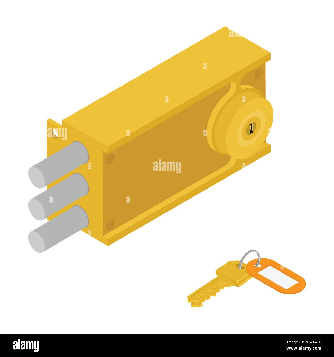 Key cylinder door lock and key isolated on white background. Isometric ...