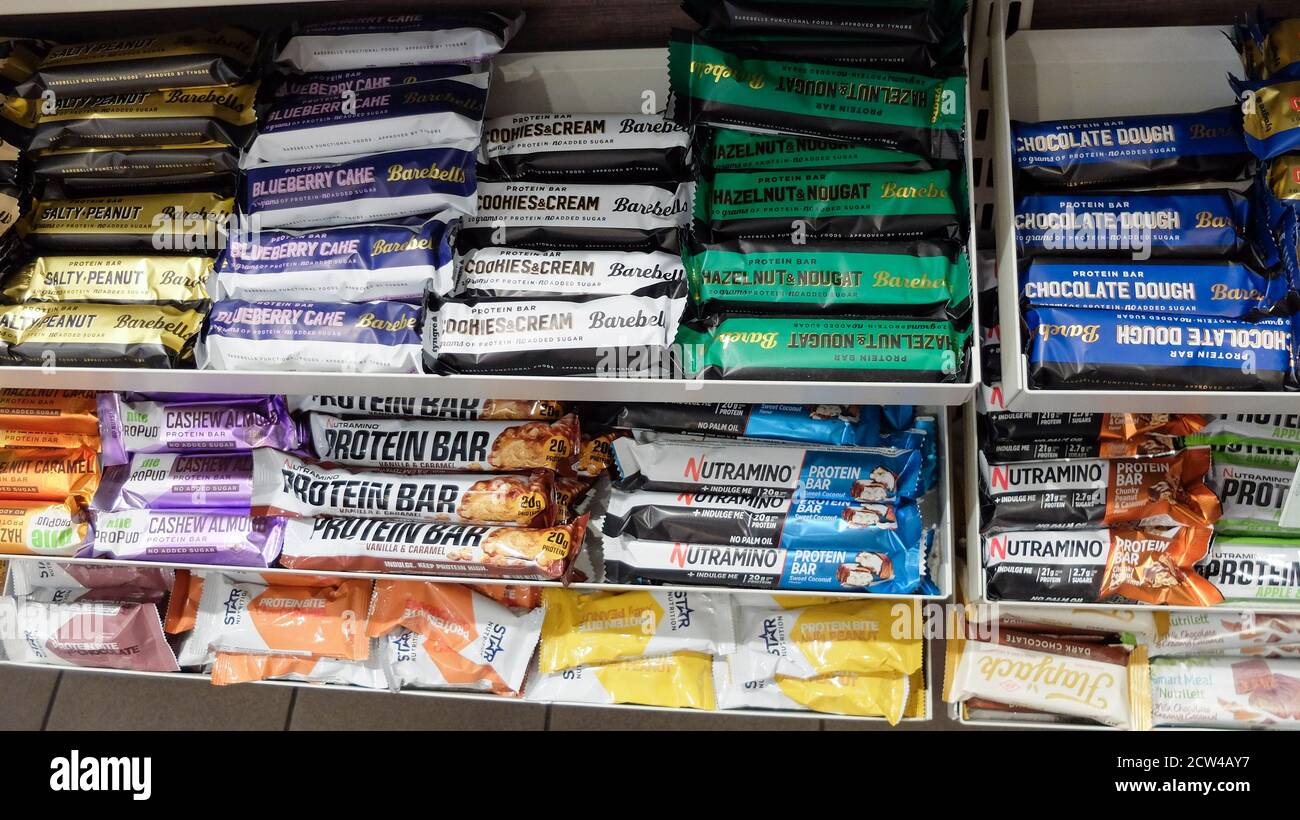Shelf of protein bars at the store Stock Photo - Alamy