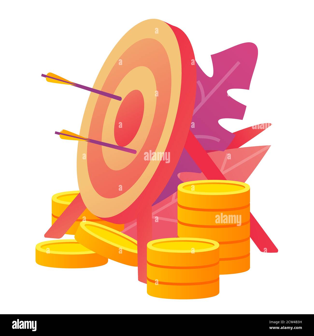 Business success. Arrow hit target.Reaching goal. Money gold coins ...