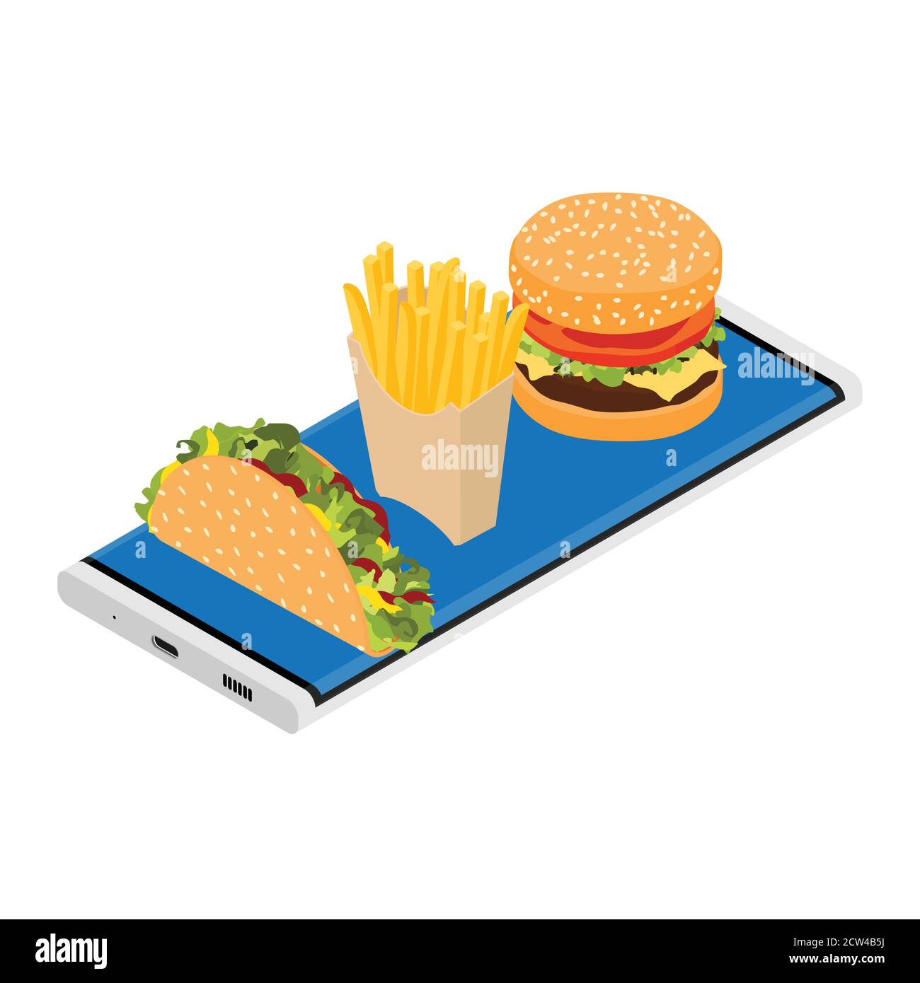 Phone with app delivery fast food screen. Burger, french fries and taco ...
