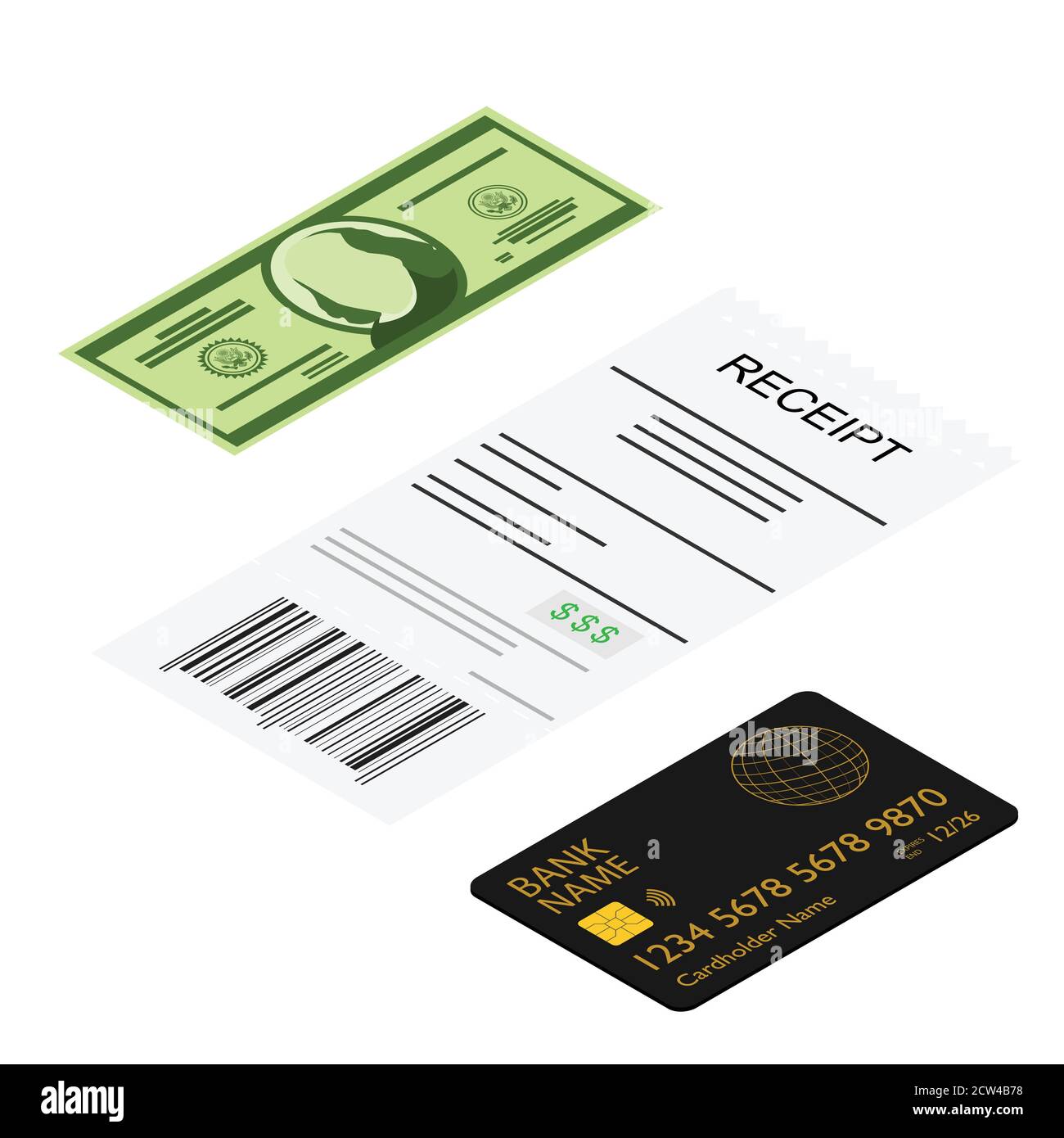 Receipt, dollar banknote and bank credit card. Isometric view. Vector ...