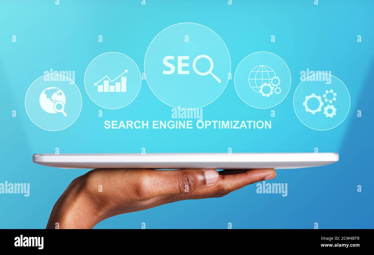 Hand Holding Tablet With Seo Word And Seo-Optimization Icons, Collage ...