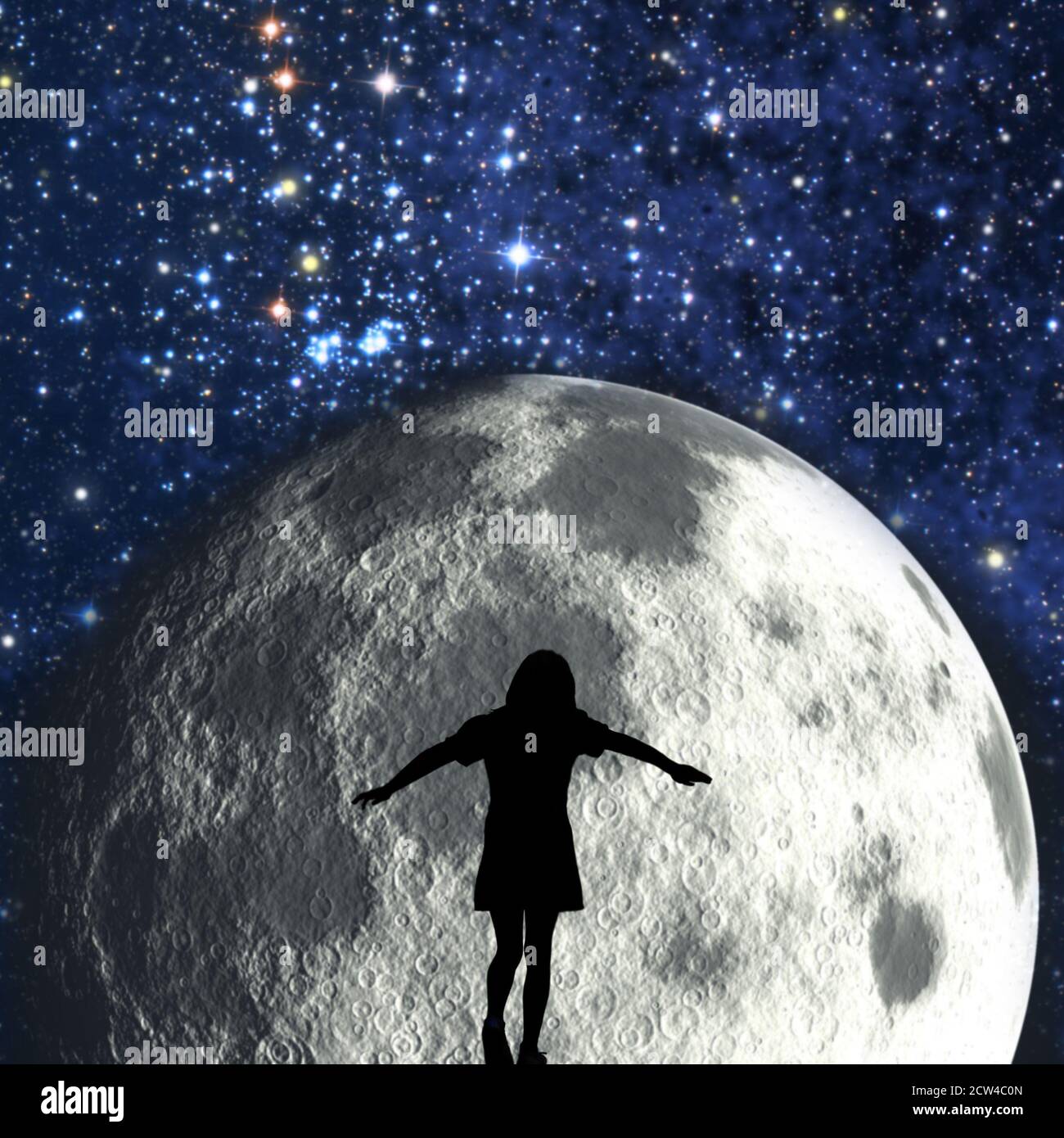 silhouette of a girl balancing in front of a full moon Stock Photo - Alamy