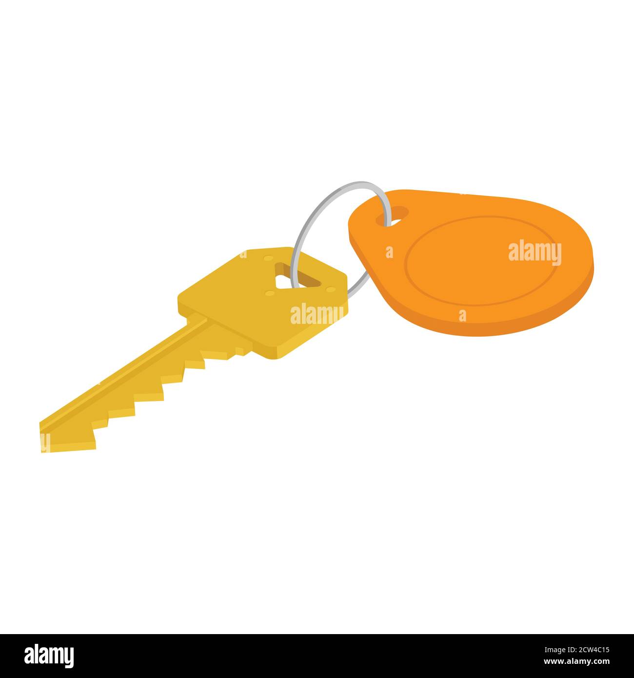 Golden key with blank orange tag. Key with keychain isolated on white ...