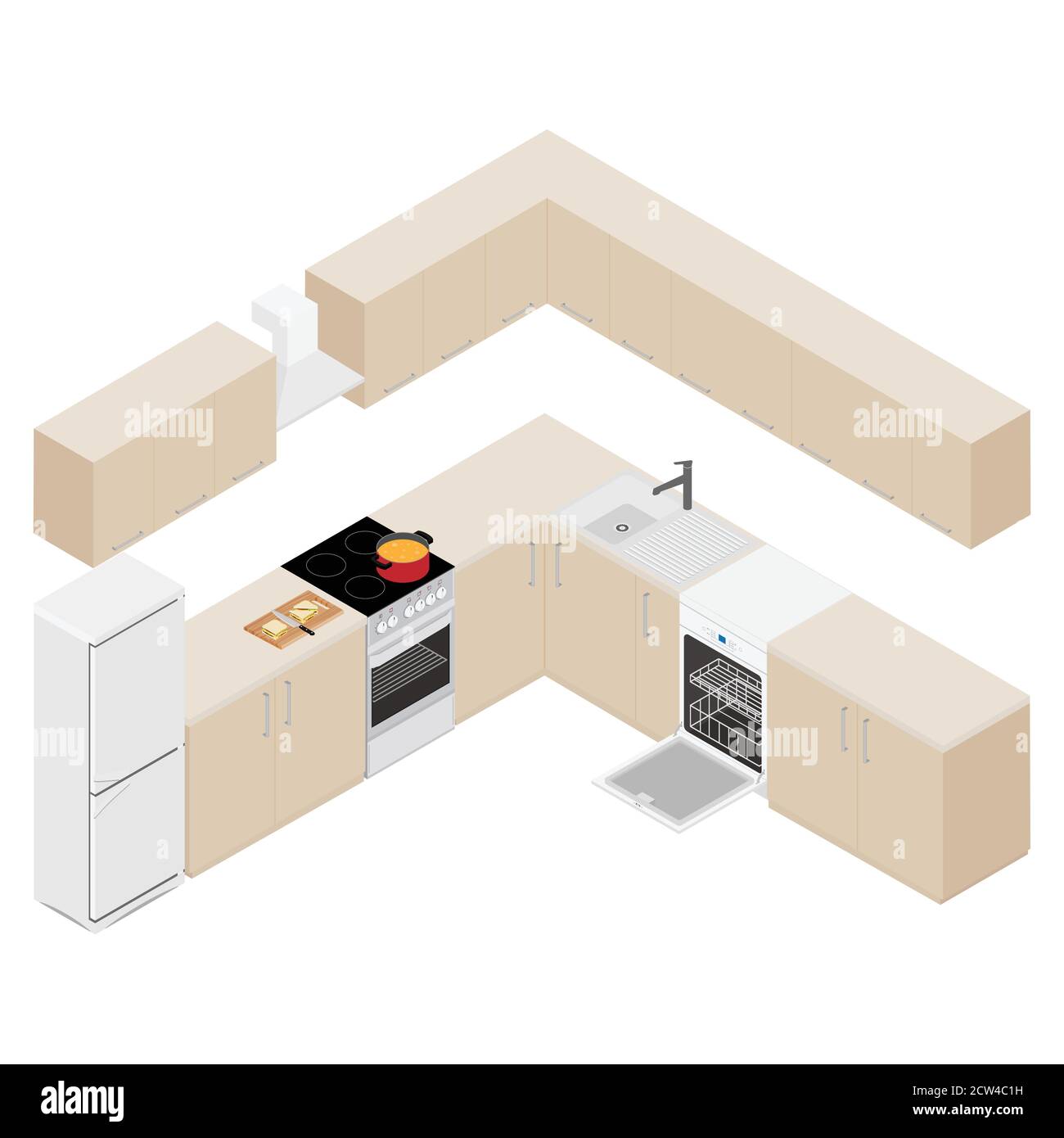 Isometric modern kitchen interior. Furniture and kitchen appliance ...