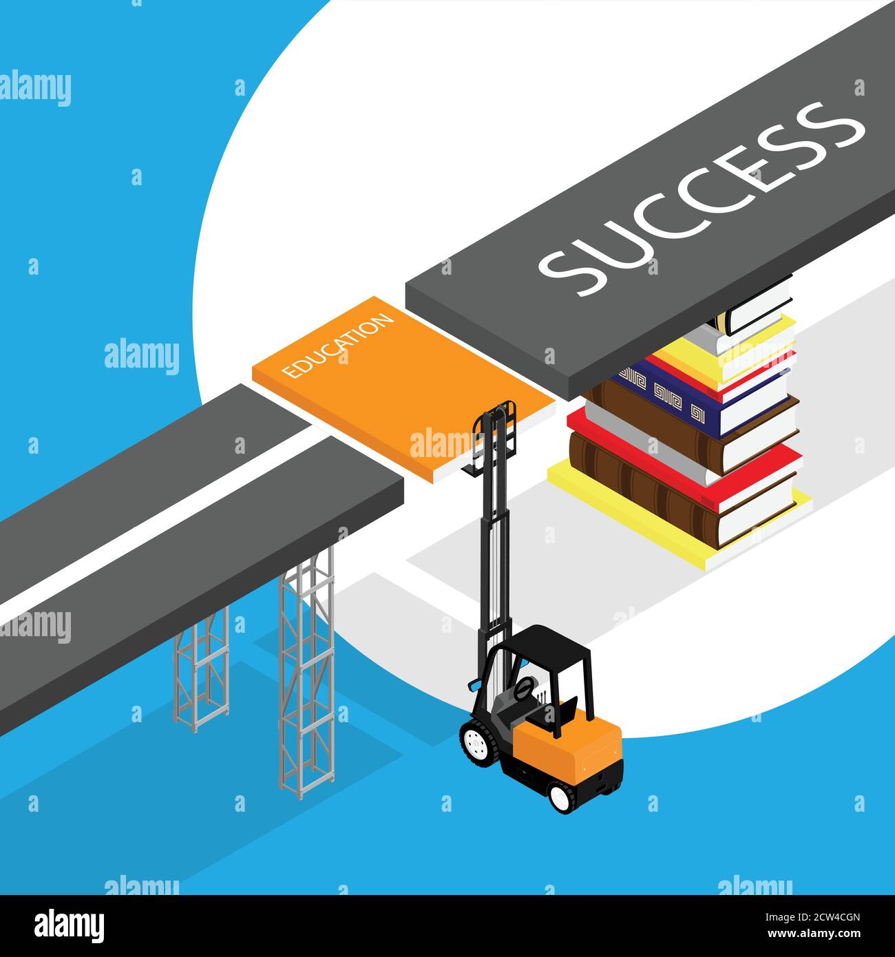 Education concept. Loader lift up book and stack of books holds road of ...