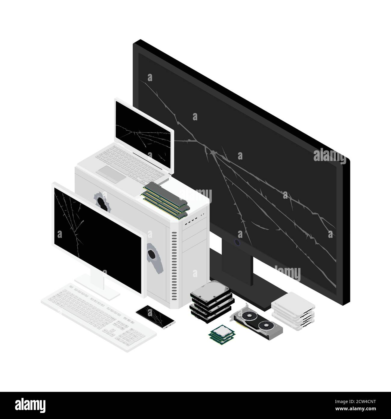 E-waste electronic equipment pile. Waste management concept. Isometric ...