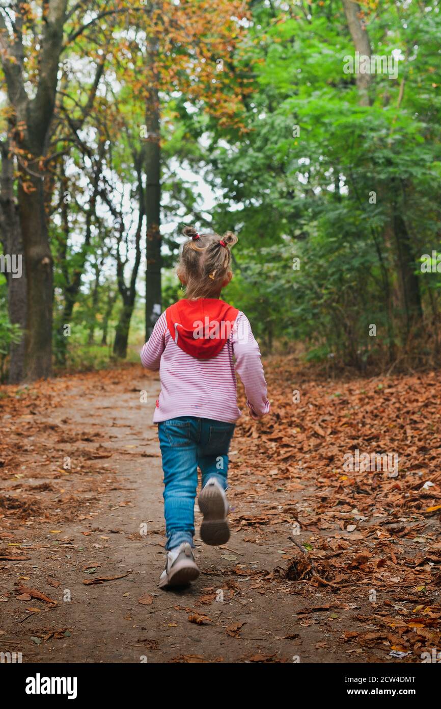 Baby runs in the autumn park, outdoors. Autumn portrait of a beautiful ...