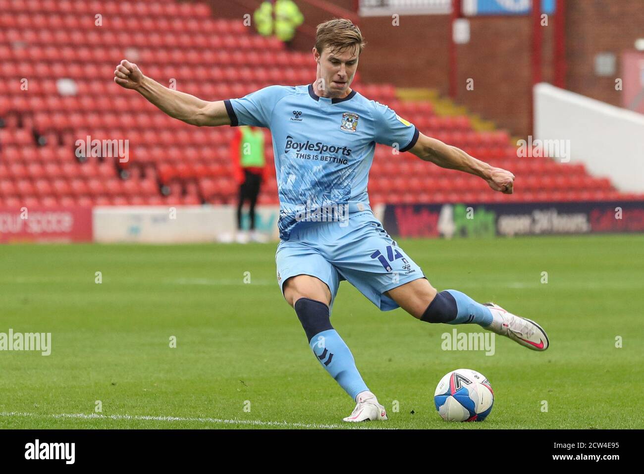 Ben Sheaf (on loan from Arsenal) (14) of Coventry City shoots on goal ...