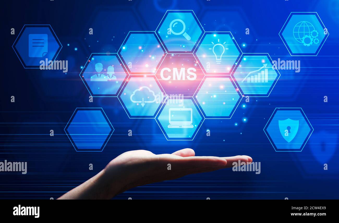 CMS pictograms over male hand, collage. Content management system ...