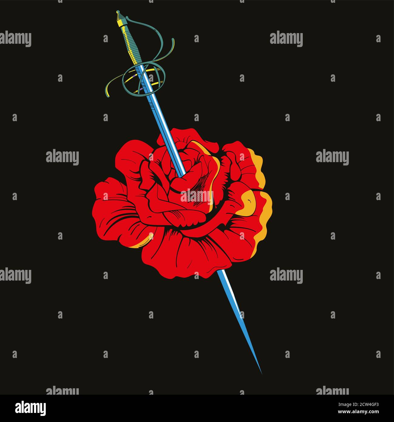 Vector illustration of a sword stuck in a red flower on a black ...