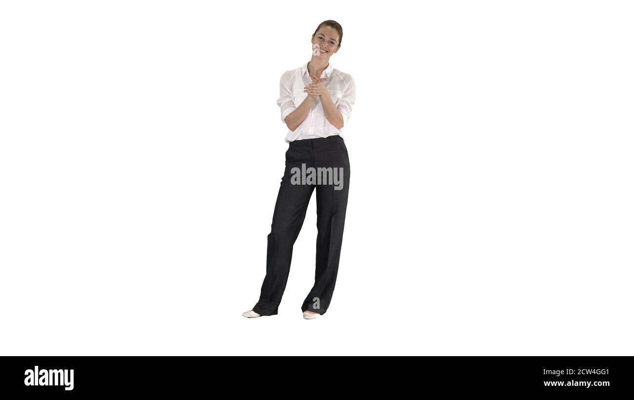Business woman clapping on white background Stock Photo - Alamy