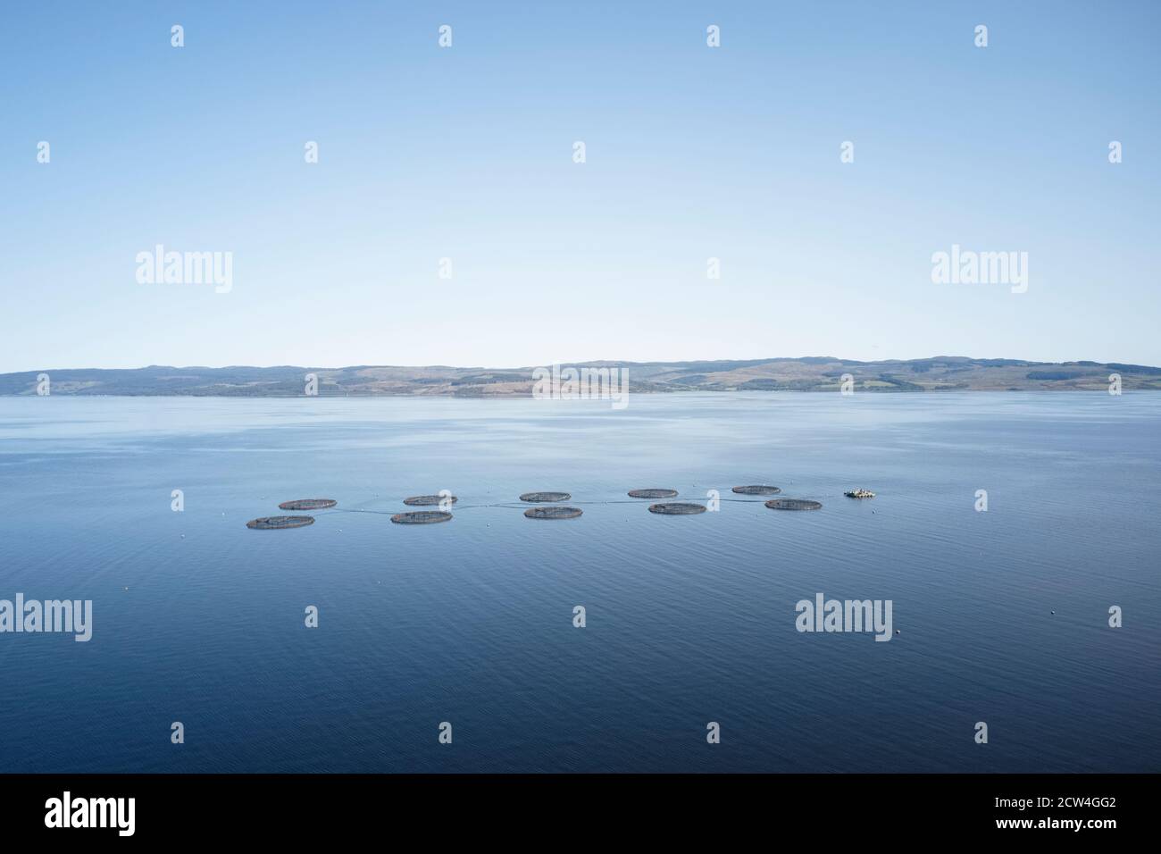 Fish farm salmon round nets in natural environment Loch Fyne Arygll and ...