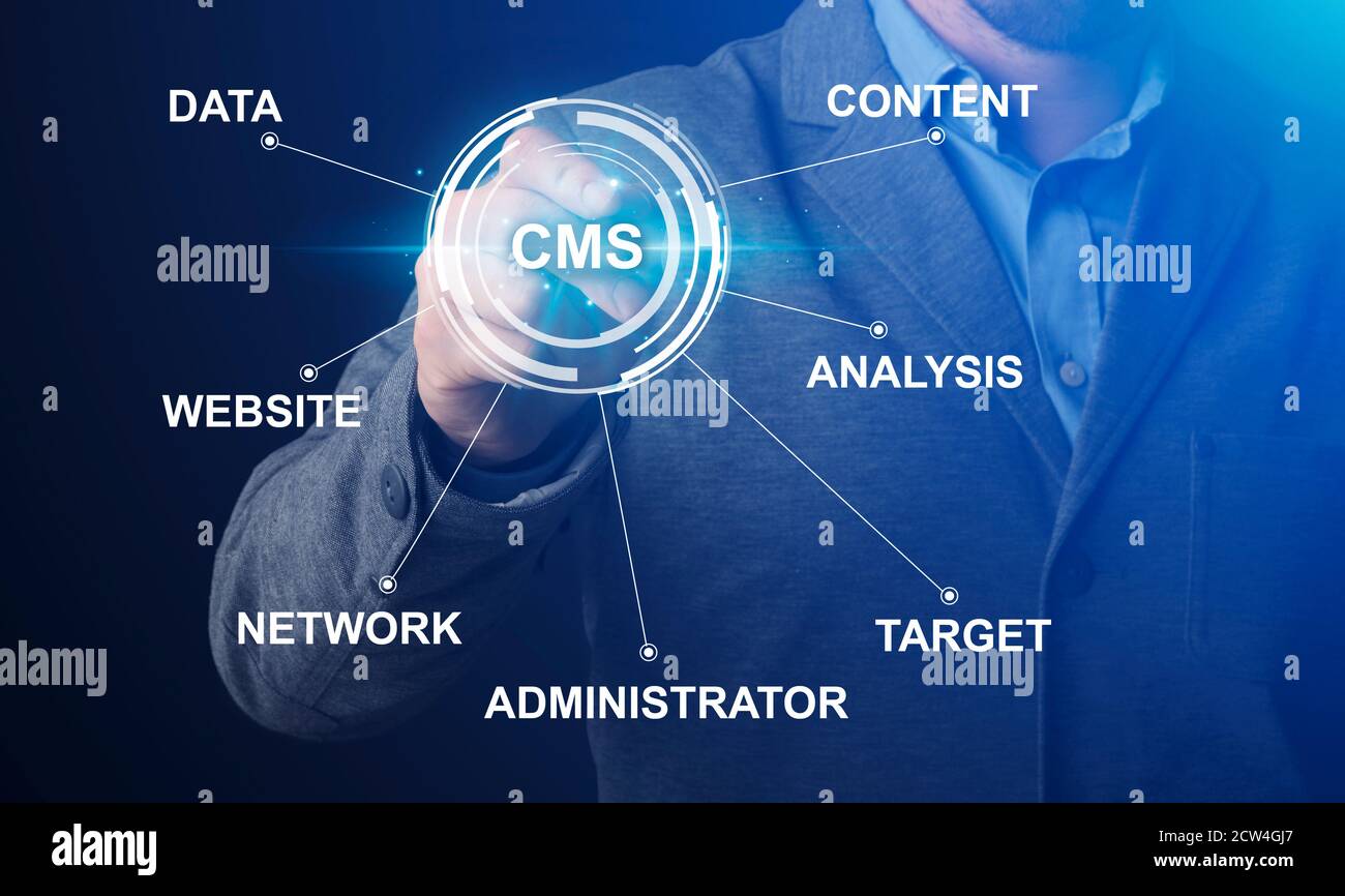 Content management system. Collage with IT manager pushing CMS button ...