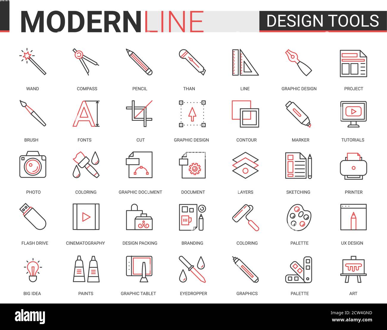 Art design tool flat thin red black line icons vector illustration set ...