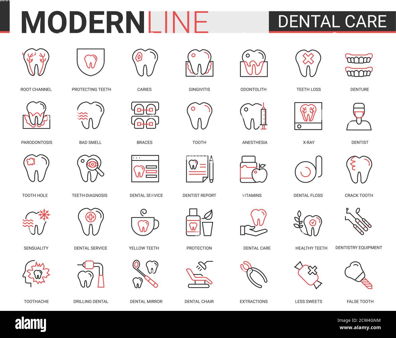 Dental care medicine flat thin red black line icons vector illustration ...