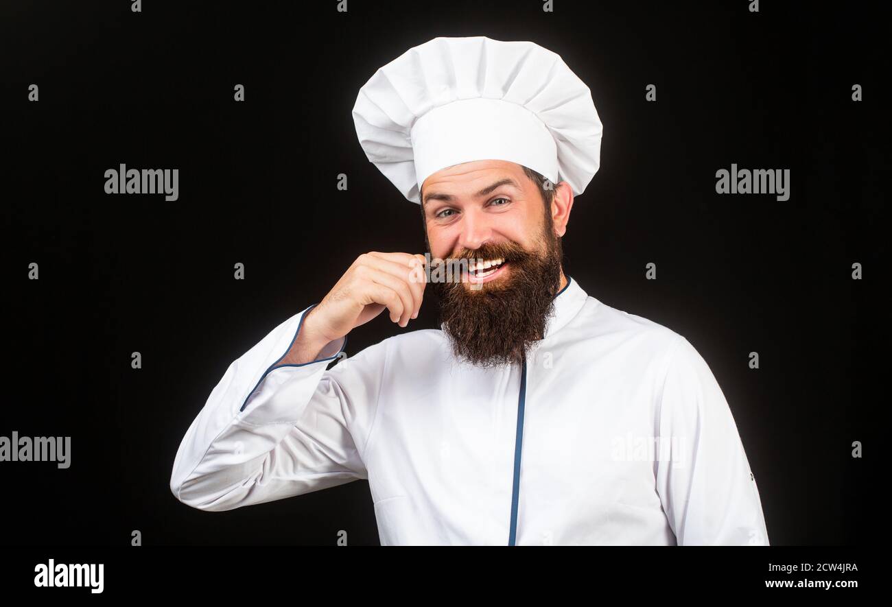 Funny chef with beard cook. Beard man and moustache wearing bib apron ...