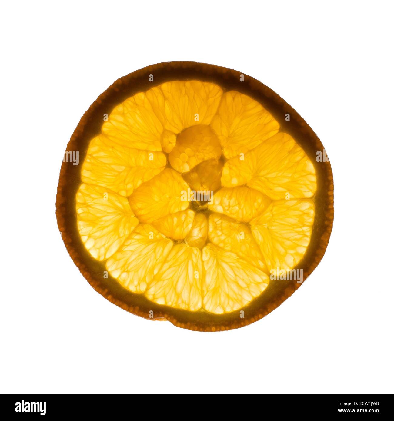 Slice of orange fruit with light shining through backlight showing the ...
