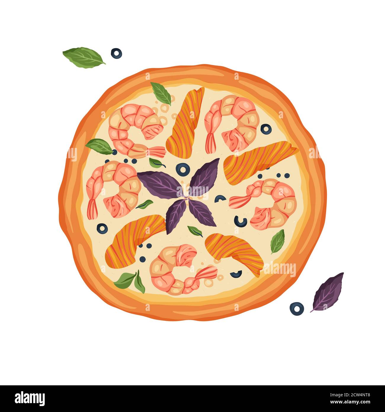 Cartoon Vector Illustration of Italian Seafood Pizza with fish and ...