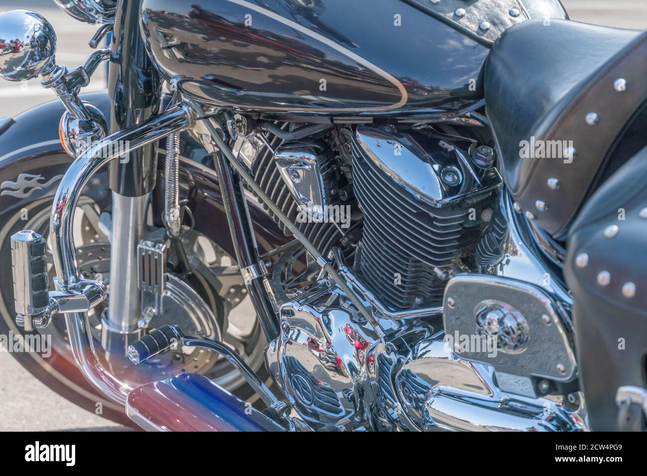 Close up view of a shiny motorcycle engine. Chrome motorcycle engine ...