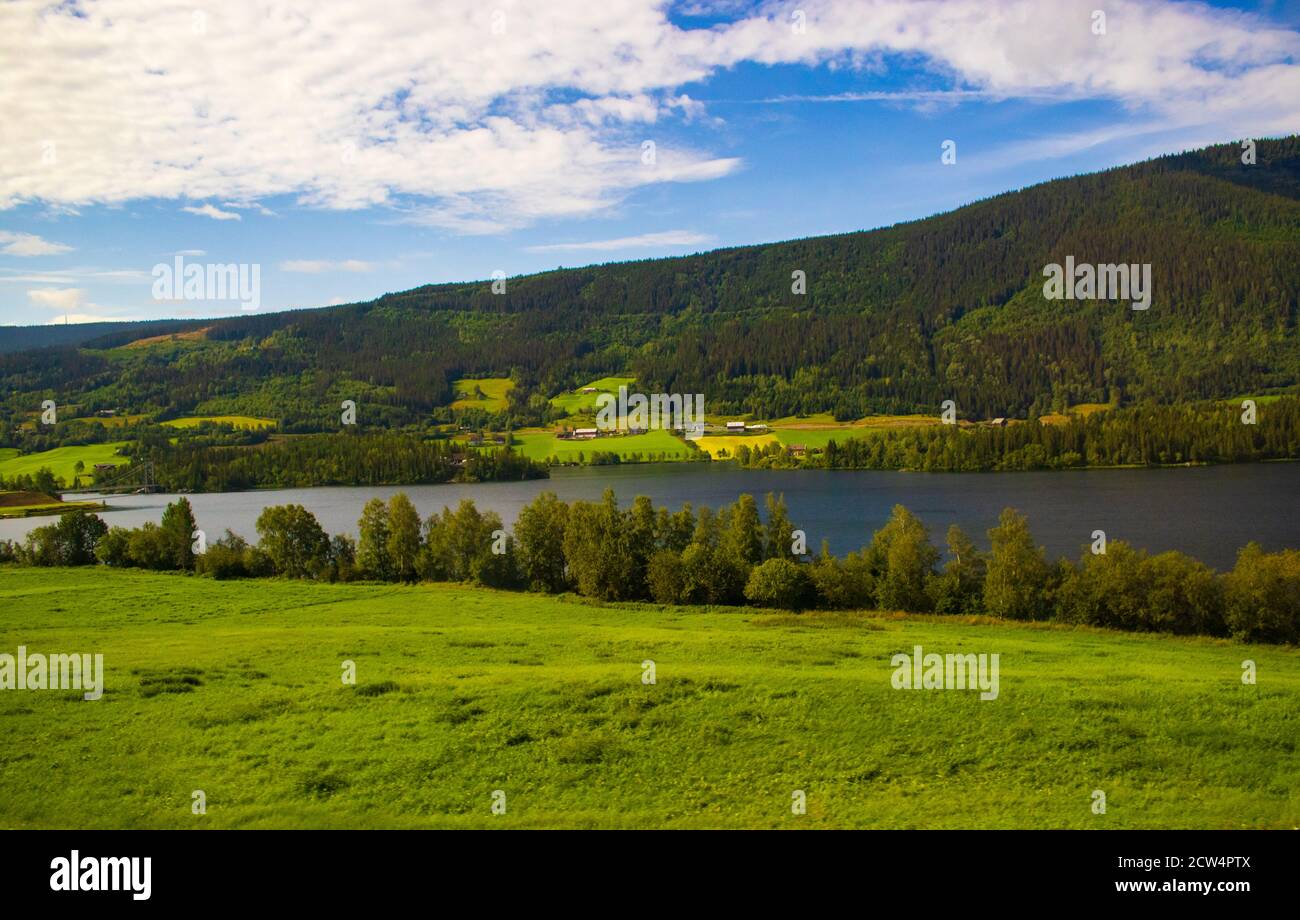 Beautiful summertime scenery,Slidrefjord lake shore seen from E16 ...