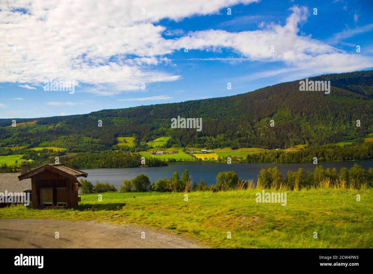 Beautiful summertime scenery,Slidrefjord lake shore seen from E16 ...