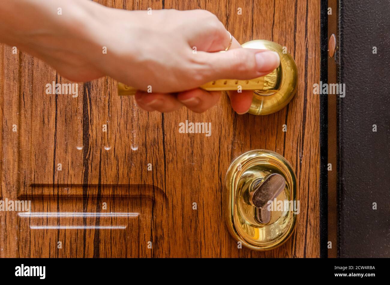 Female hand holding the golden handle of a wooden door close up Stock ...