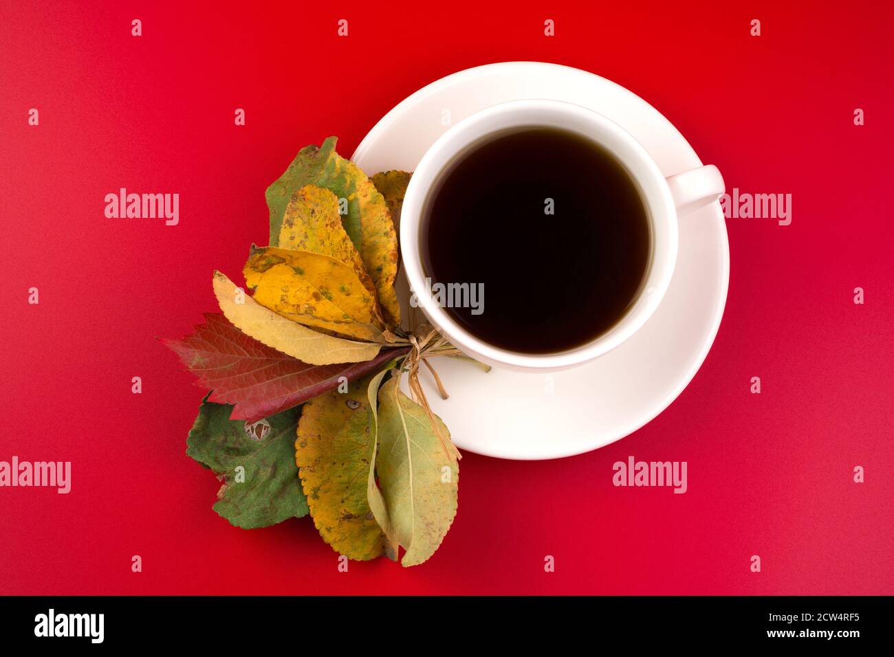 Autumn leaves with a Cup of herbal tea on a red background Stock Photo ...