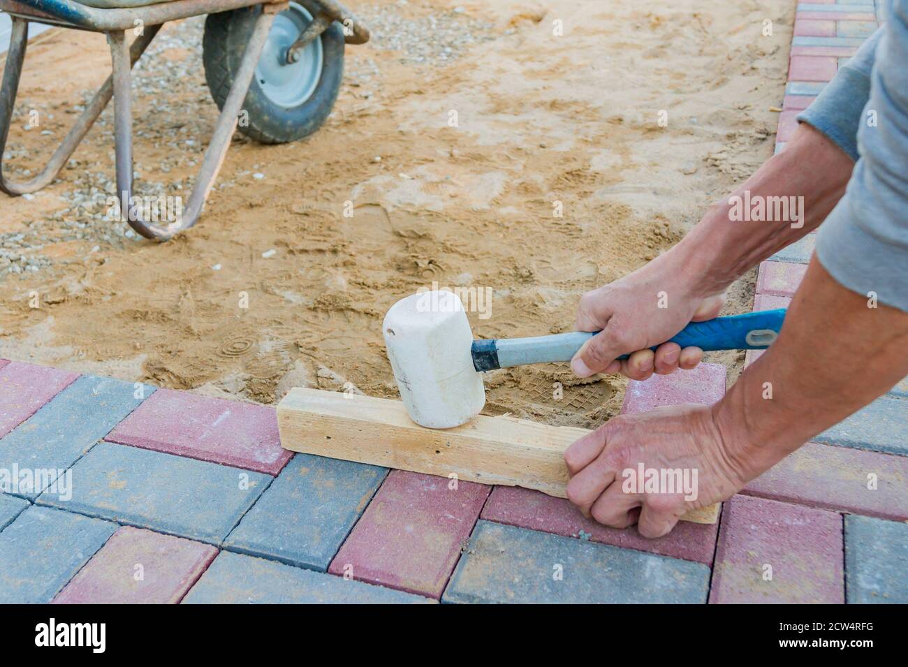 Worker laying red and gray concrete paving blocks. Road Paving ...