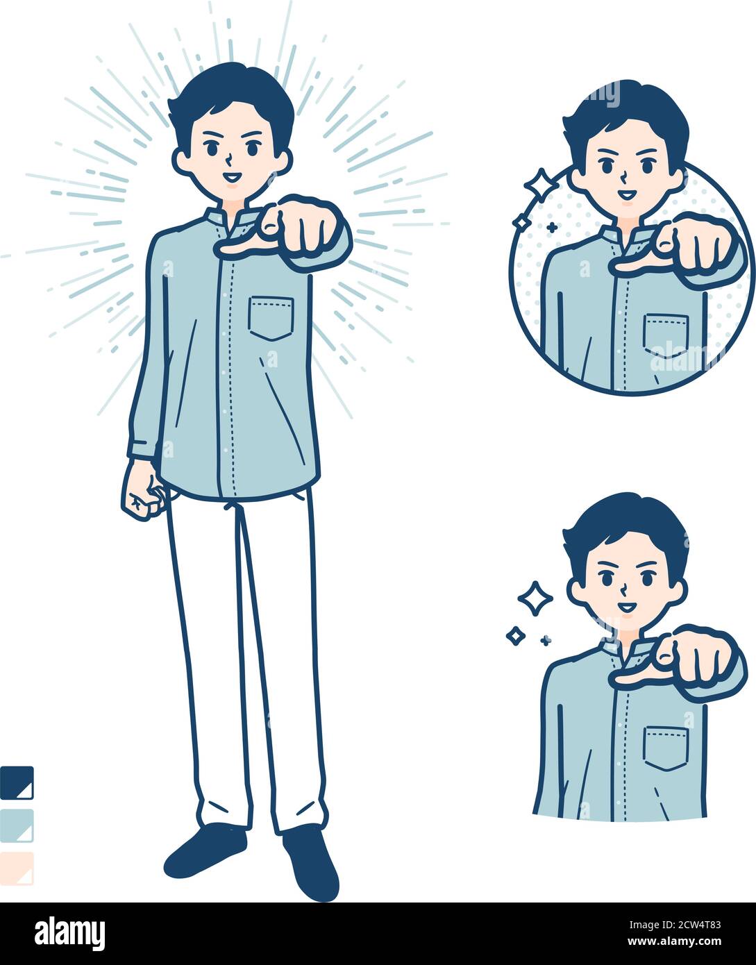 Man in a shirtwith Pointing to the front images. It's vector art so it ...