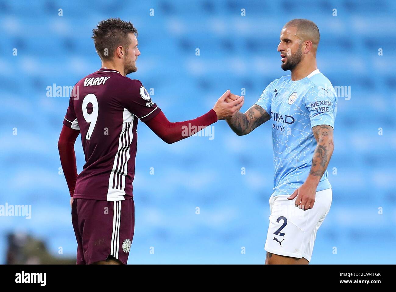 Leicester City's Jamie Vardy (left) and Manchester City's Kyle Walker ...