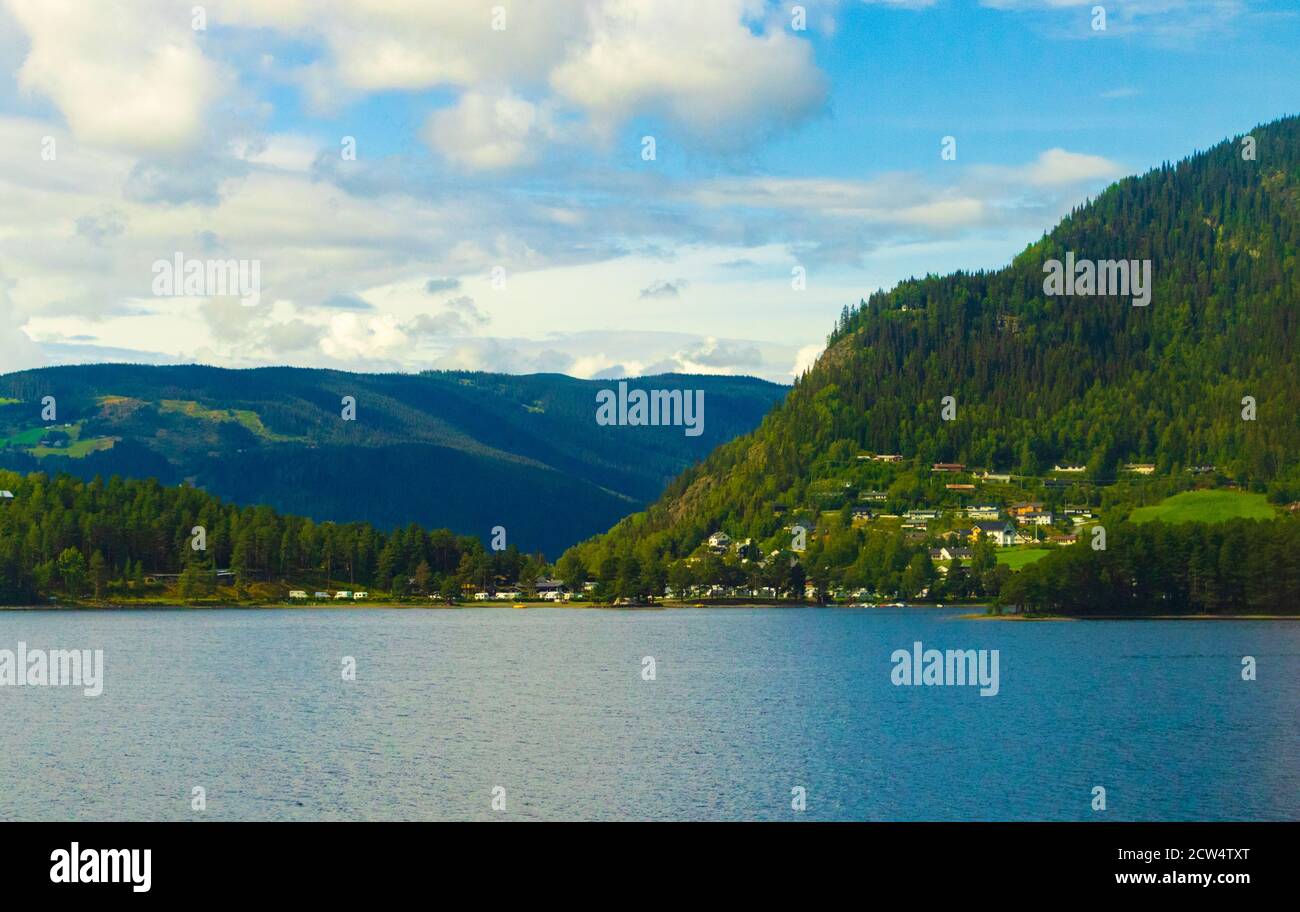Fagernes at Strandefjord shore seen from E16-European route from Bergen ...