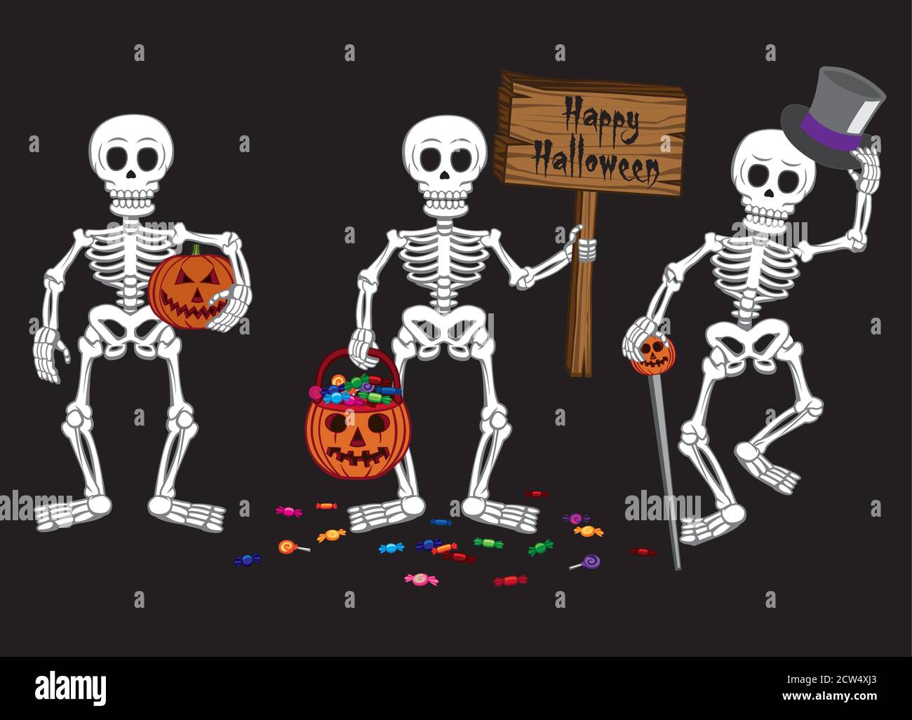 Happy Halloween Three Skeletons vector illustration Stock Vector Image ...