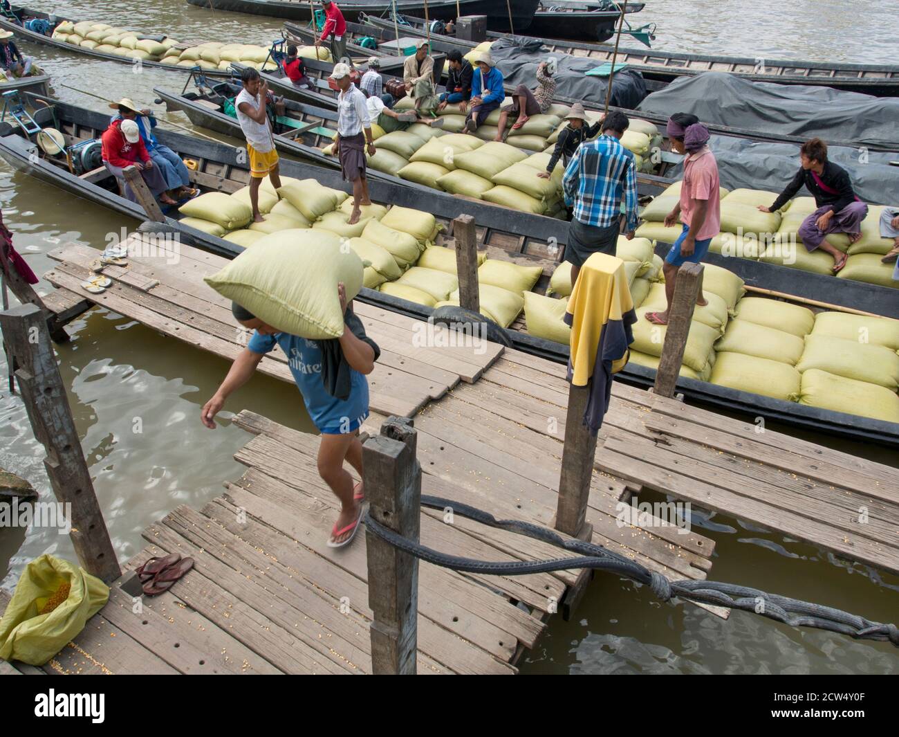 Porters carrying sacks of rice in Inle lake, Shan state, Myanmar Stock ...