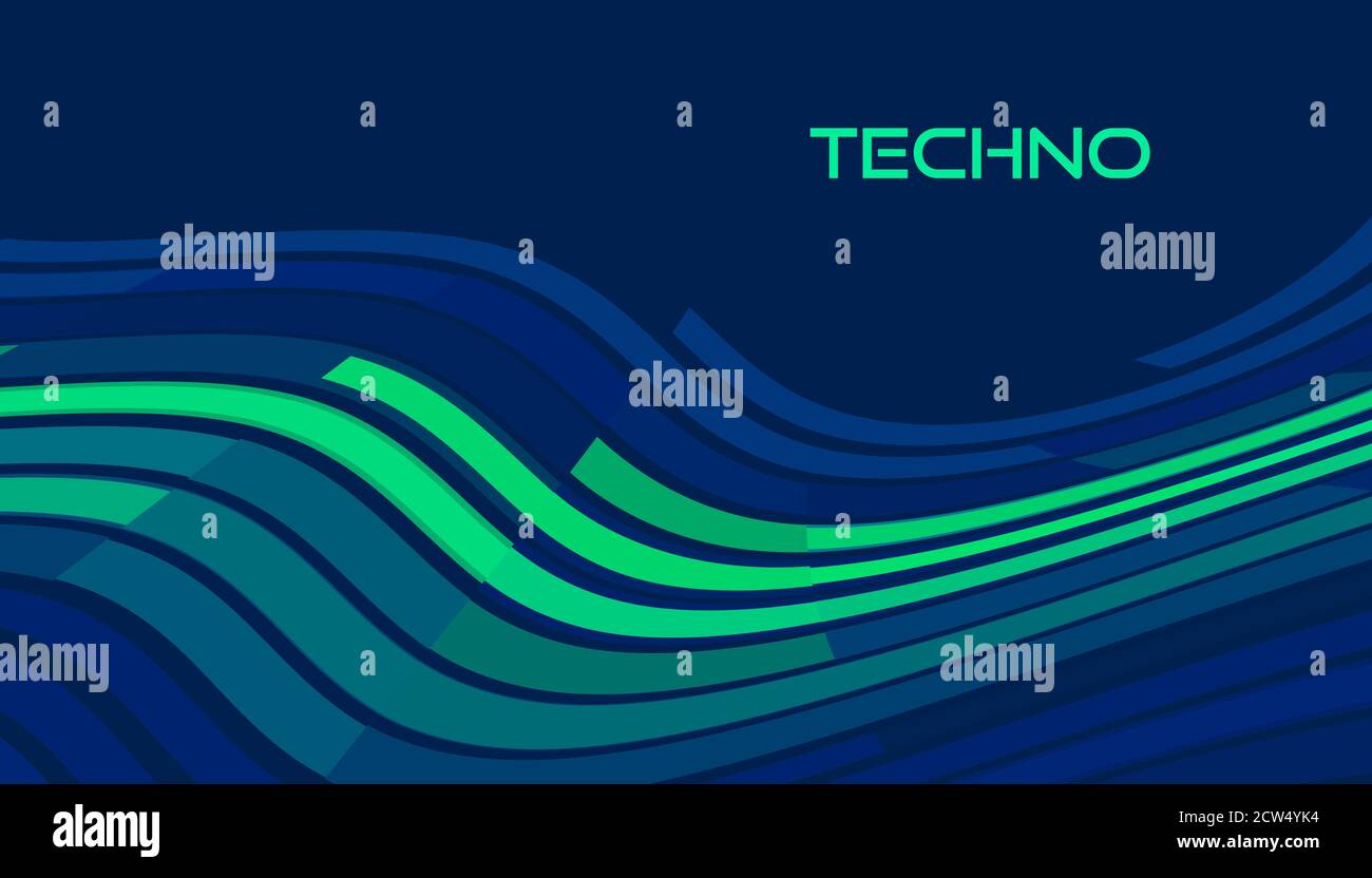 Techno image. Abstract template with blue and green tech wave on dark ...