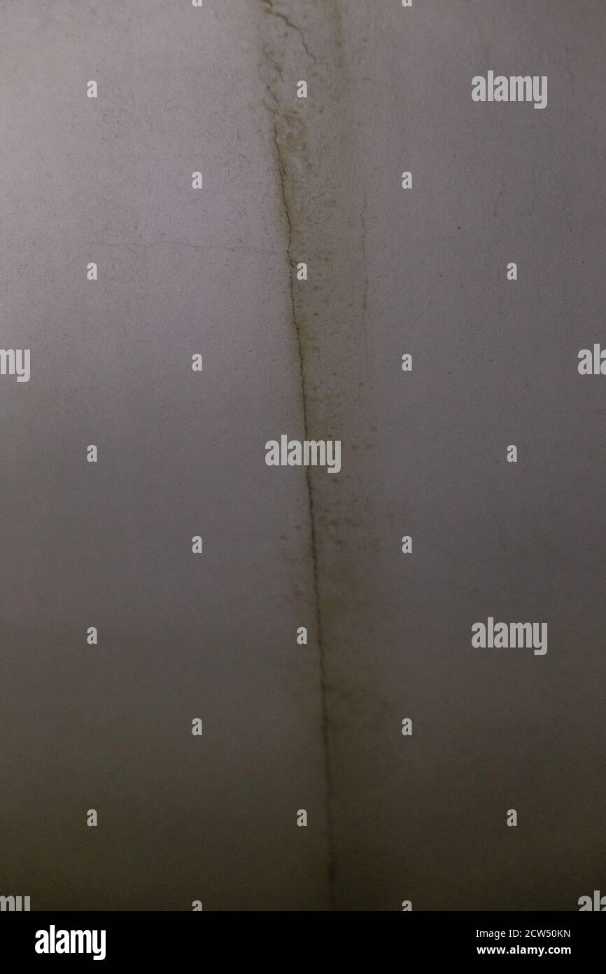 damp spots and long crack in the ceiling caused by water infiltration ...