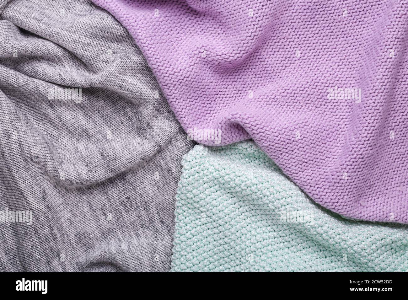 Gray, mint and lilac knitting wool texture background Crocheted fabric ...