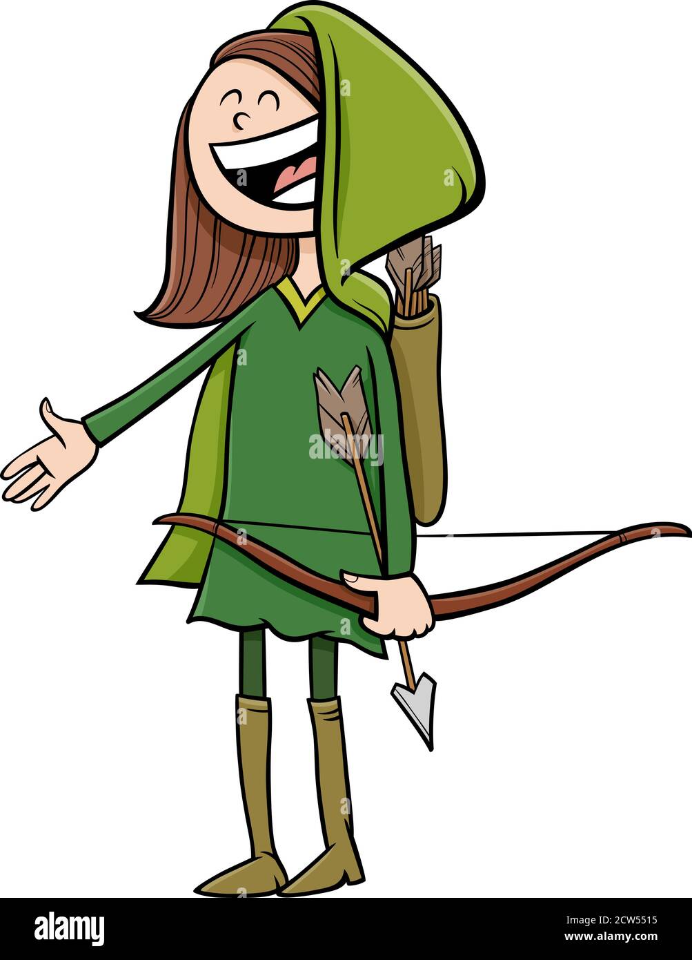 Cartoon Illustration of Girl in Robin Hood or Archer Costume at ...