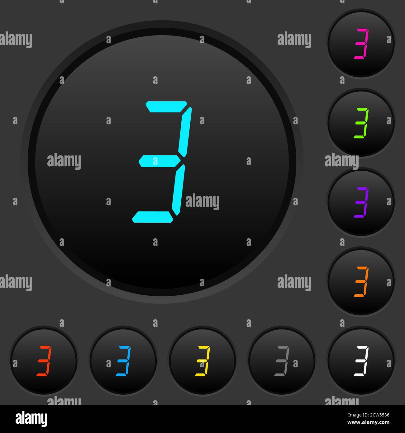 digital number three of seven segment type dark push buttons with vivid ...