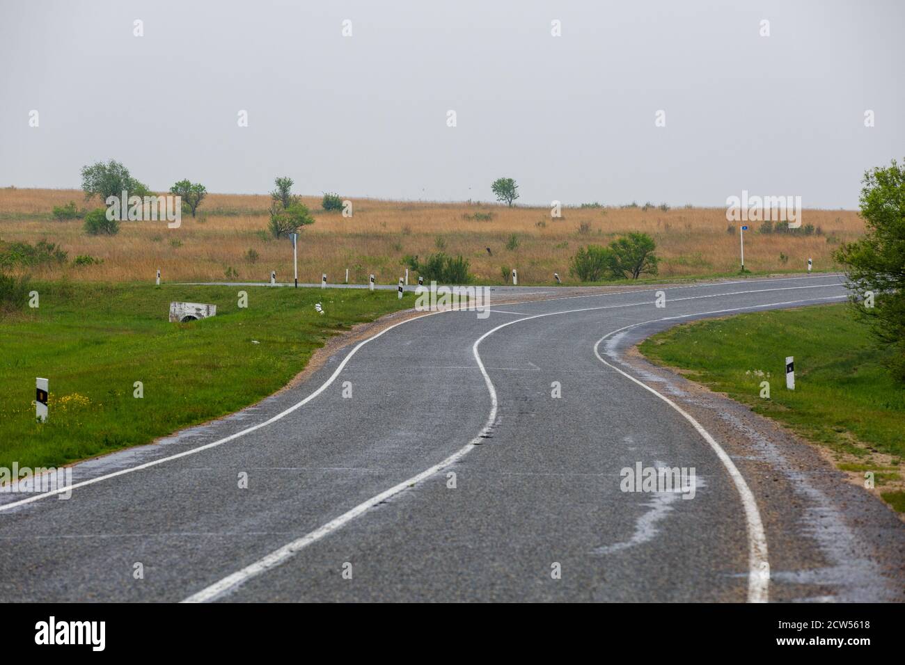 Asphalt road receding into the distance among green fields Stock Photo ...