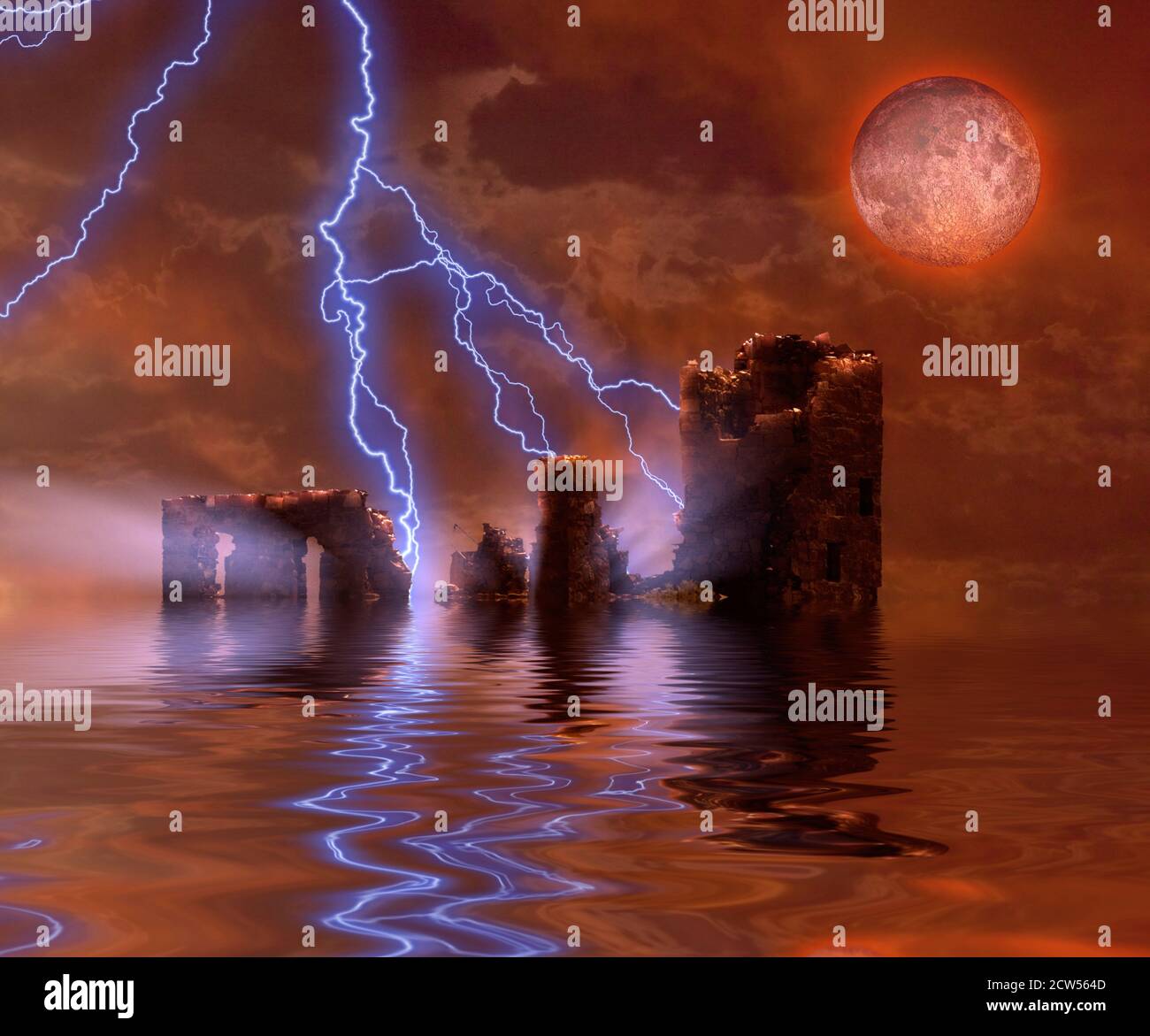 Castle under red moon Stock Photo - Alamy