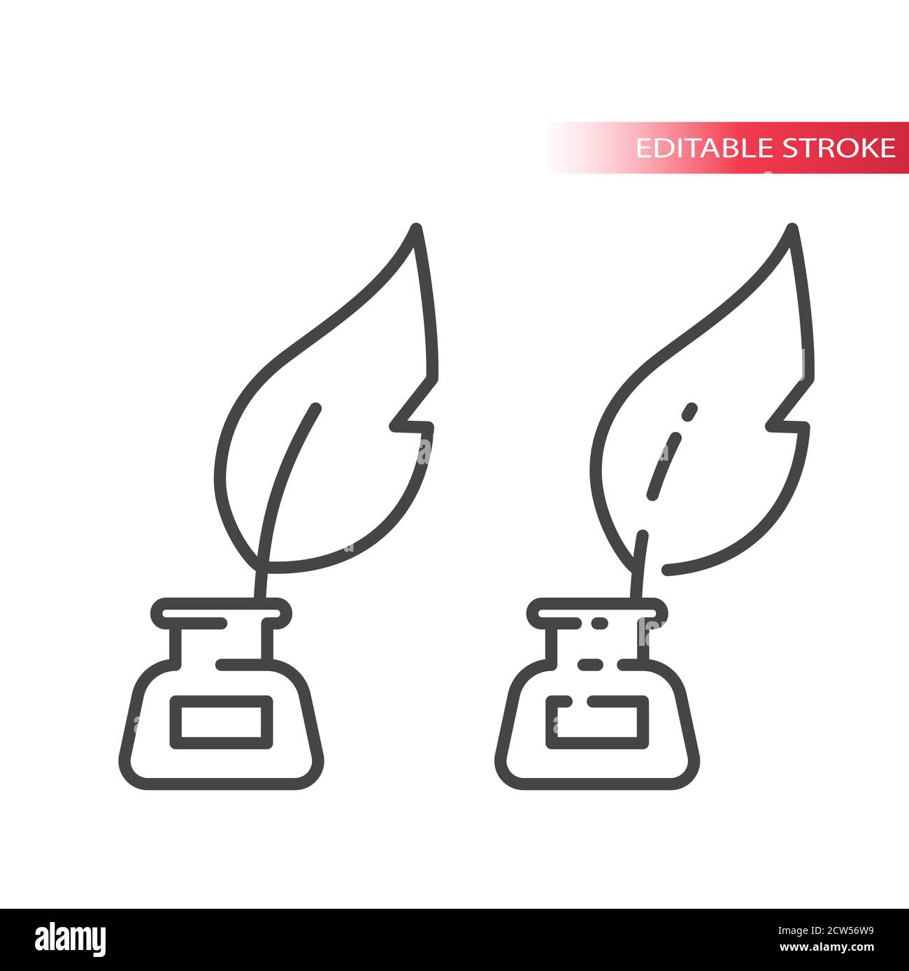 Quill in ink stand line vector icon. Feather pen and ink well outline ...