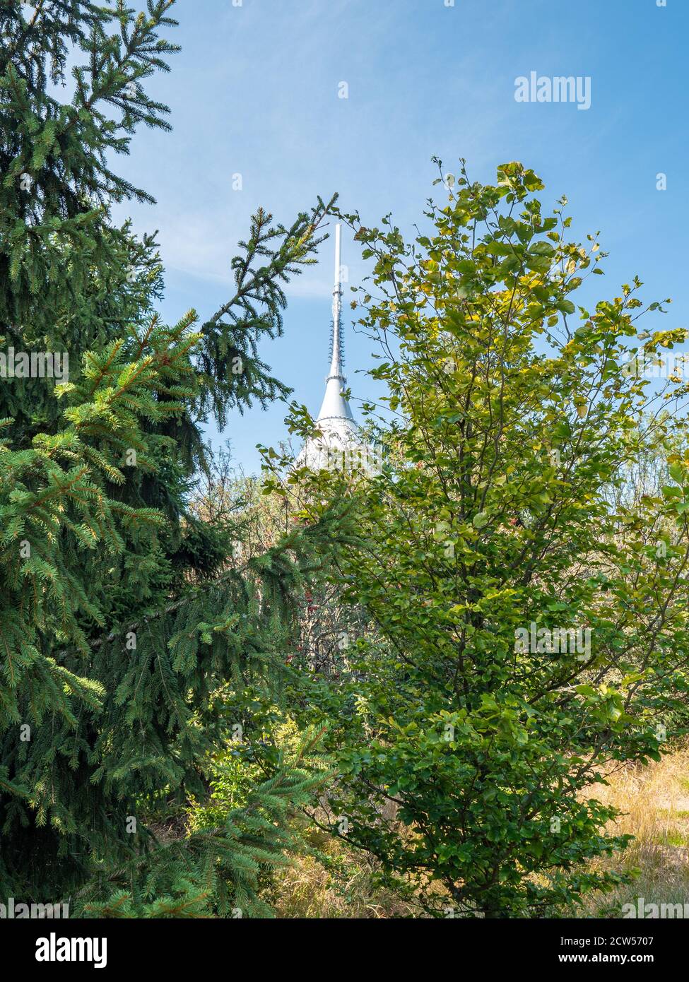Jested tower between trees. Jested mountain peak with Jested hotel and ...