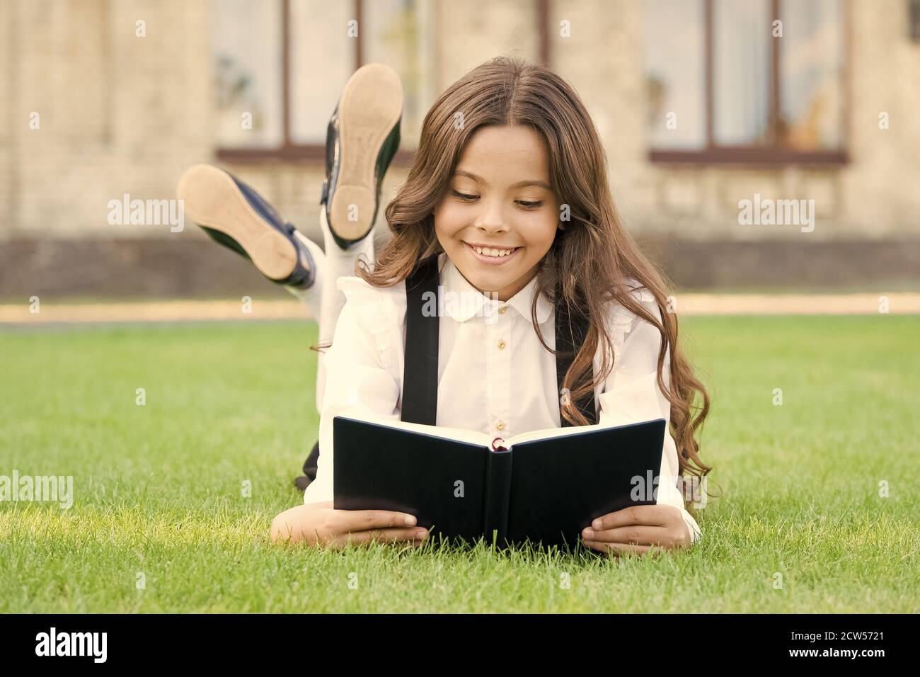 Basic education. Adorable little girl learn reading. Schoolgirl school ...