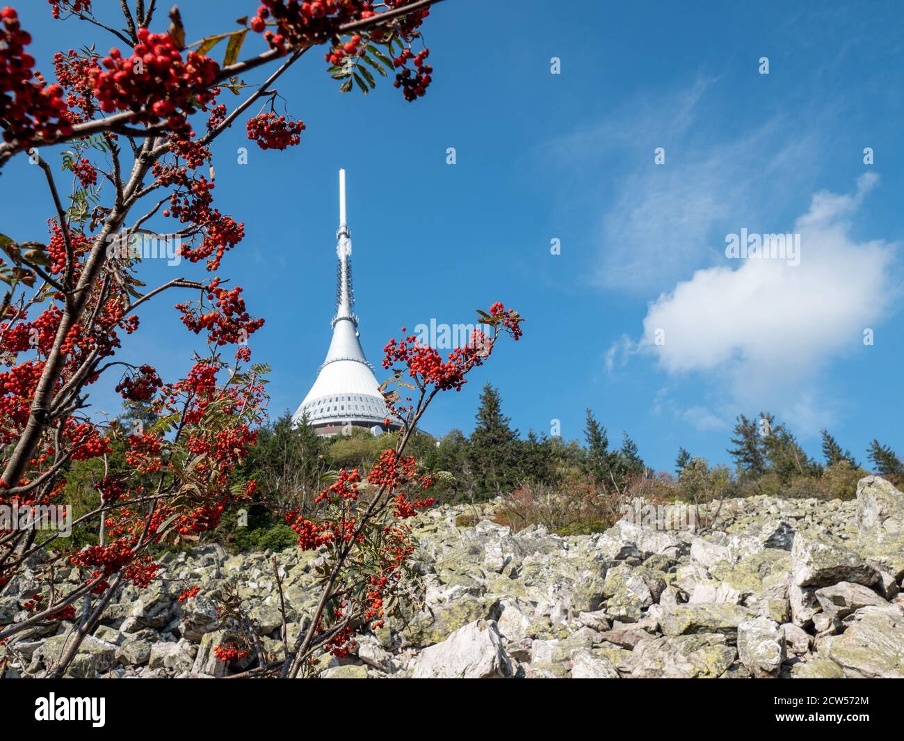 Jested mountain with modern hotel and transmitter on the top ...